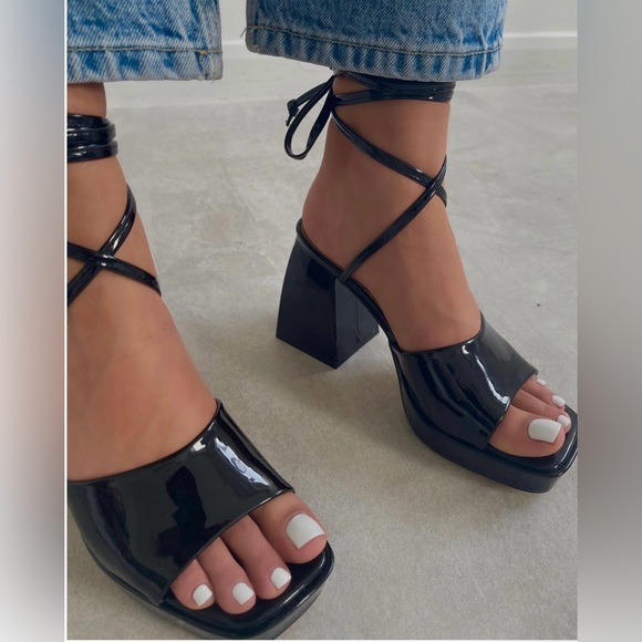 Shoes | Black Lace Up Square Toe Platform Flared Block Heel | Poshmark